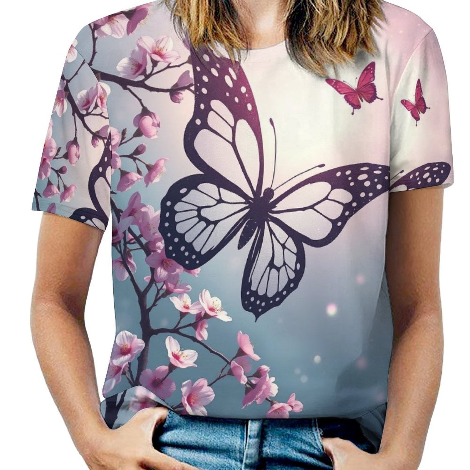 Butterfly Blossom Beauty T Shirt O Neck Overd T Shirts Short Sleeve Street Style Tees Female ...