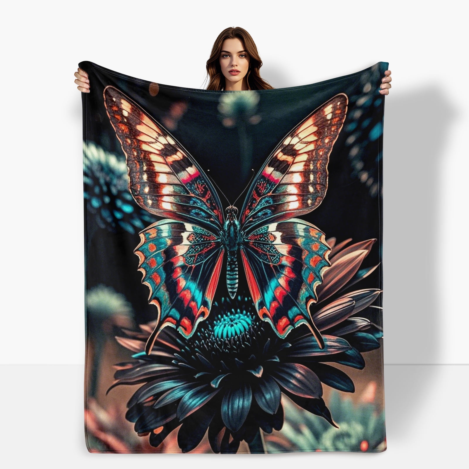 Butterfly Blue Flower Friendship Themed Cozy Fleece Blanket Soft Warm ...