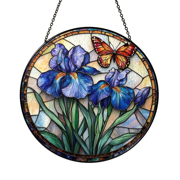 Butterfly and Blue Irises Stained Glass Style Suncatcher Window Hanging ...