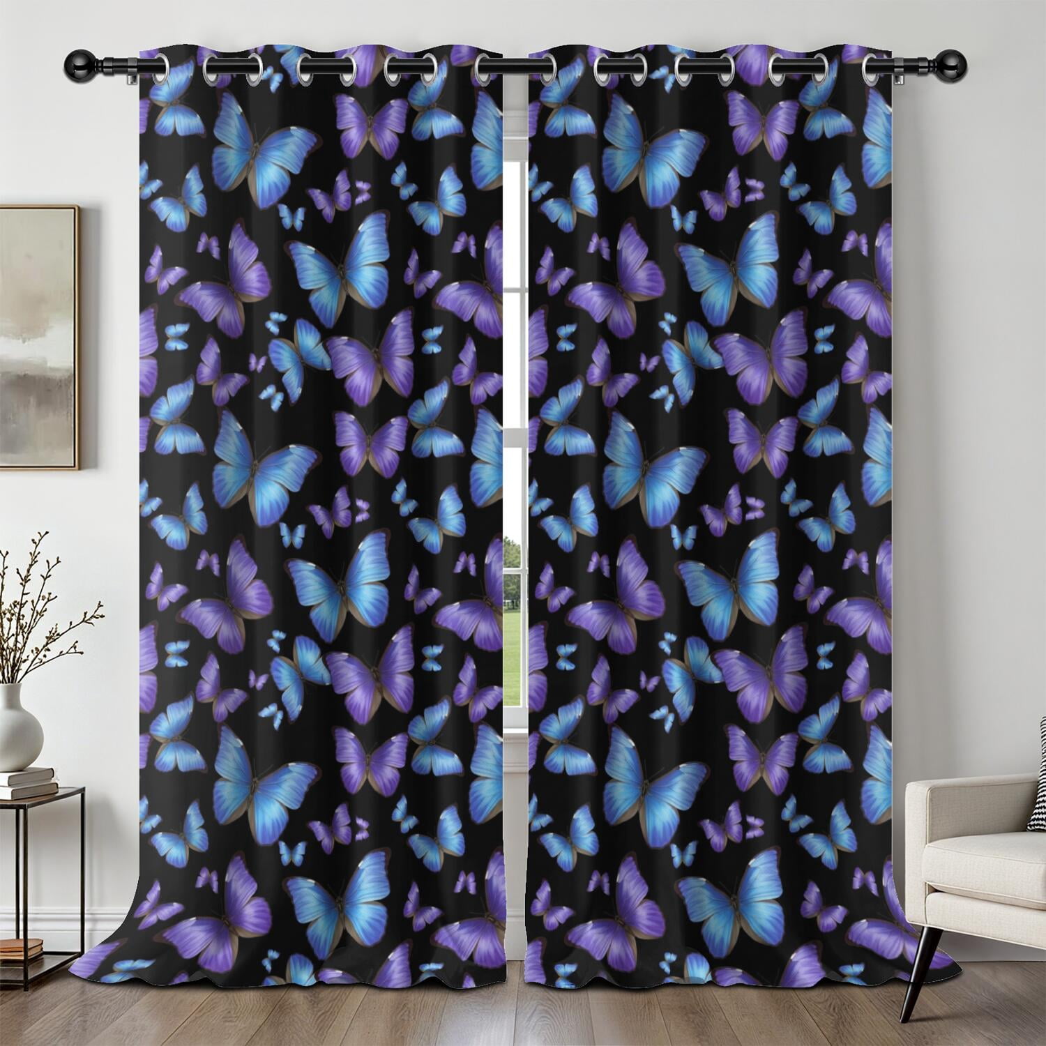 Butterfly and Blue Purple Black Pattern Blackout Curtains,Triple Weaved ...