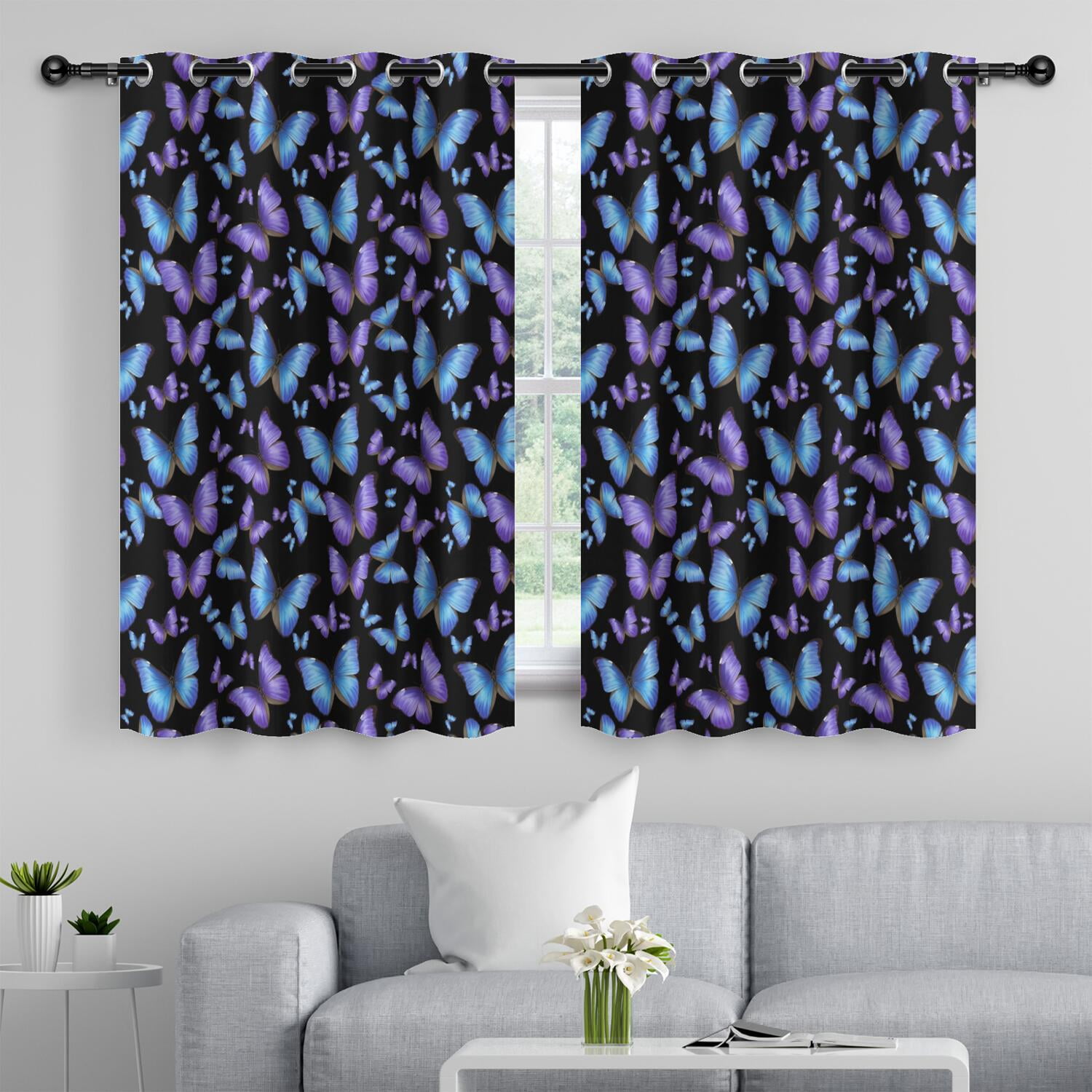 Butterfly and Blue Purple Black Pattern Blackout Curtains,Triple Weaved ...