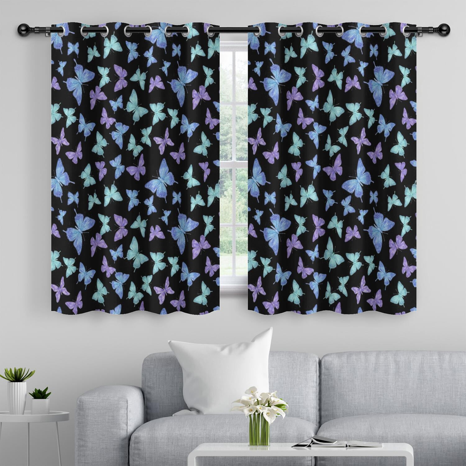 Butterfly and Blue Purple Black Pattern Blackout Curtains,Triple Weaved ...
