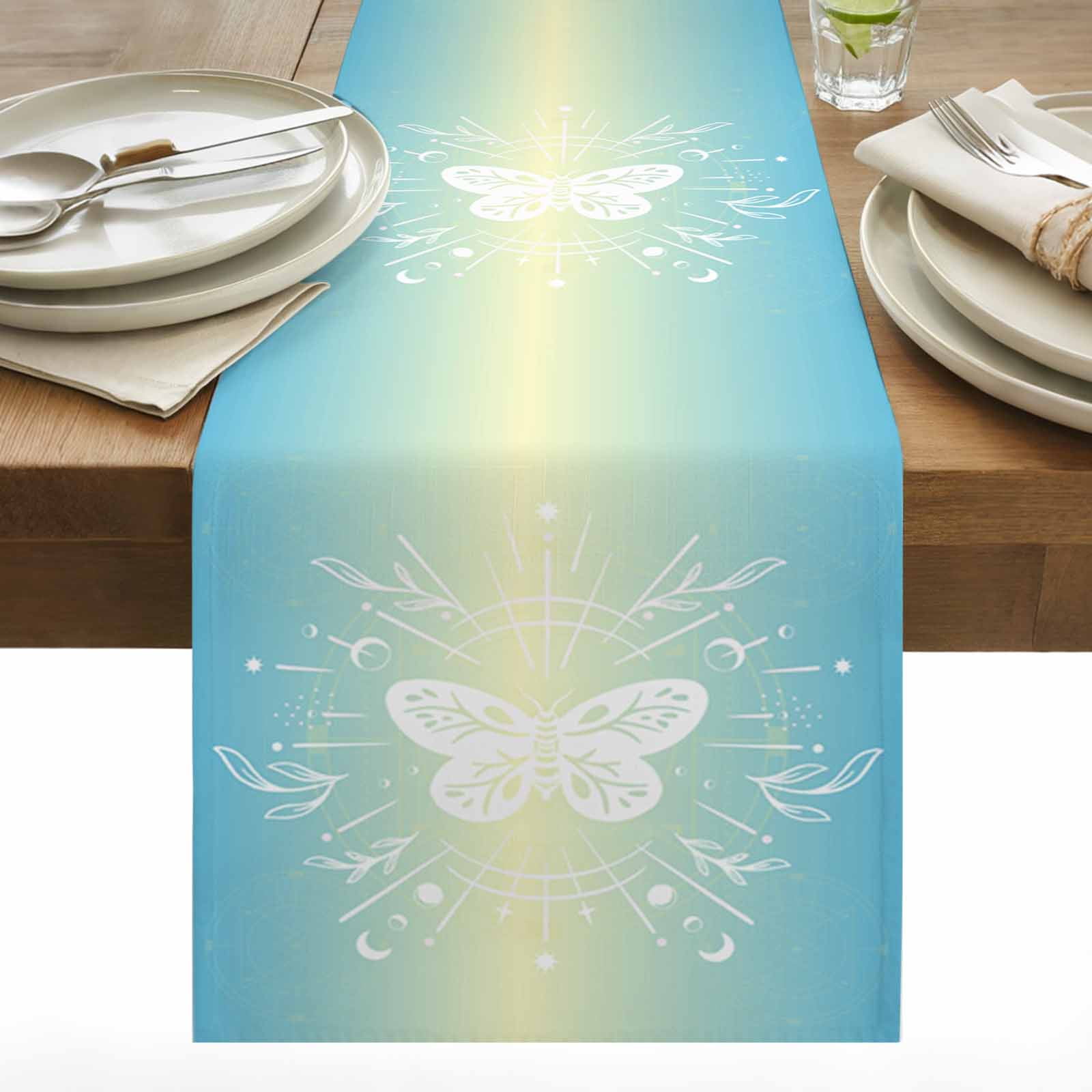 Butterfly Blue Table Runner 13x60 inch Yellow Ombre Cotton Linen Dining ...