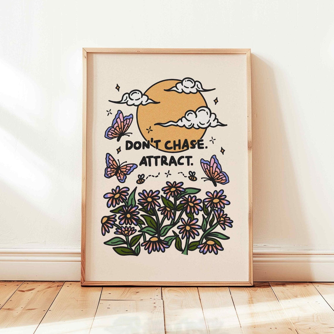 Butterfly Boho Art Print, Retro Flower Groovy Poster, Positive Vibes ...