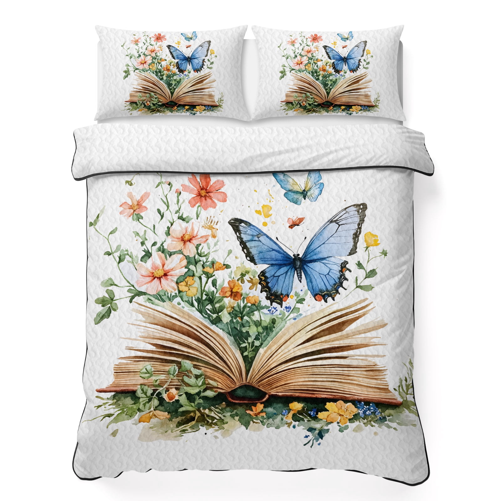 Butterfly Book 3 Piece Quilt Bedding Set with 2 Pillow Shams, Spring ...