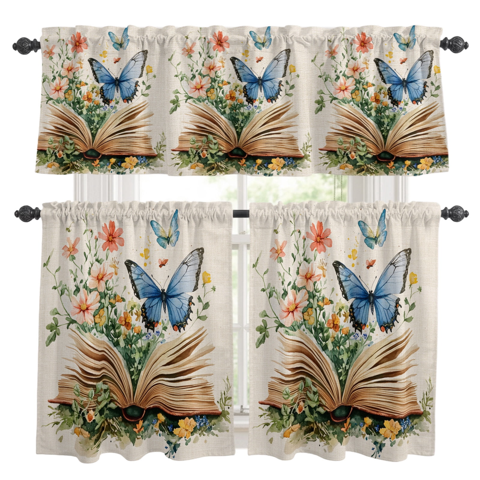 Butterfly Book Kitchen Curtains Set for Windows, Spring Florals ...