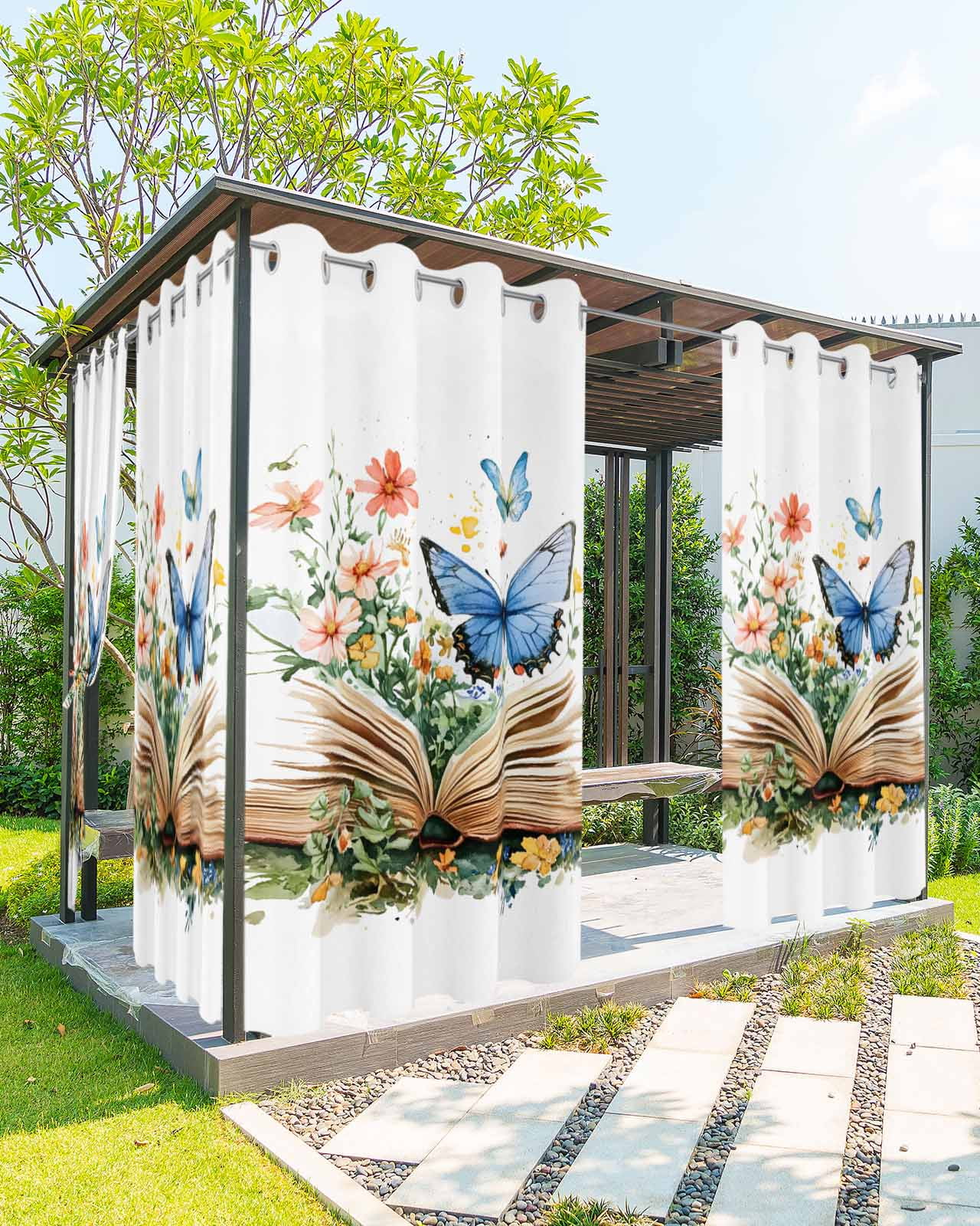 Butterfly Book Outdoor Curtains for Patio, Spring Flowers Waterproof ...