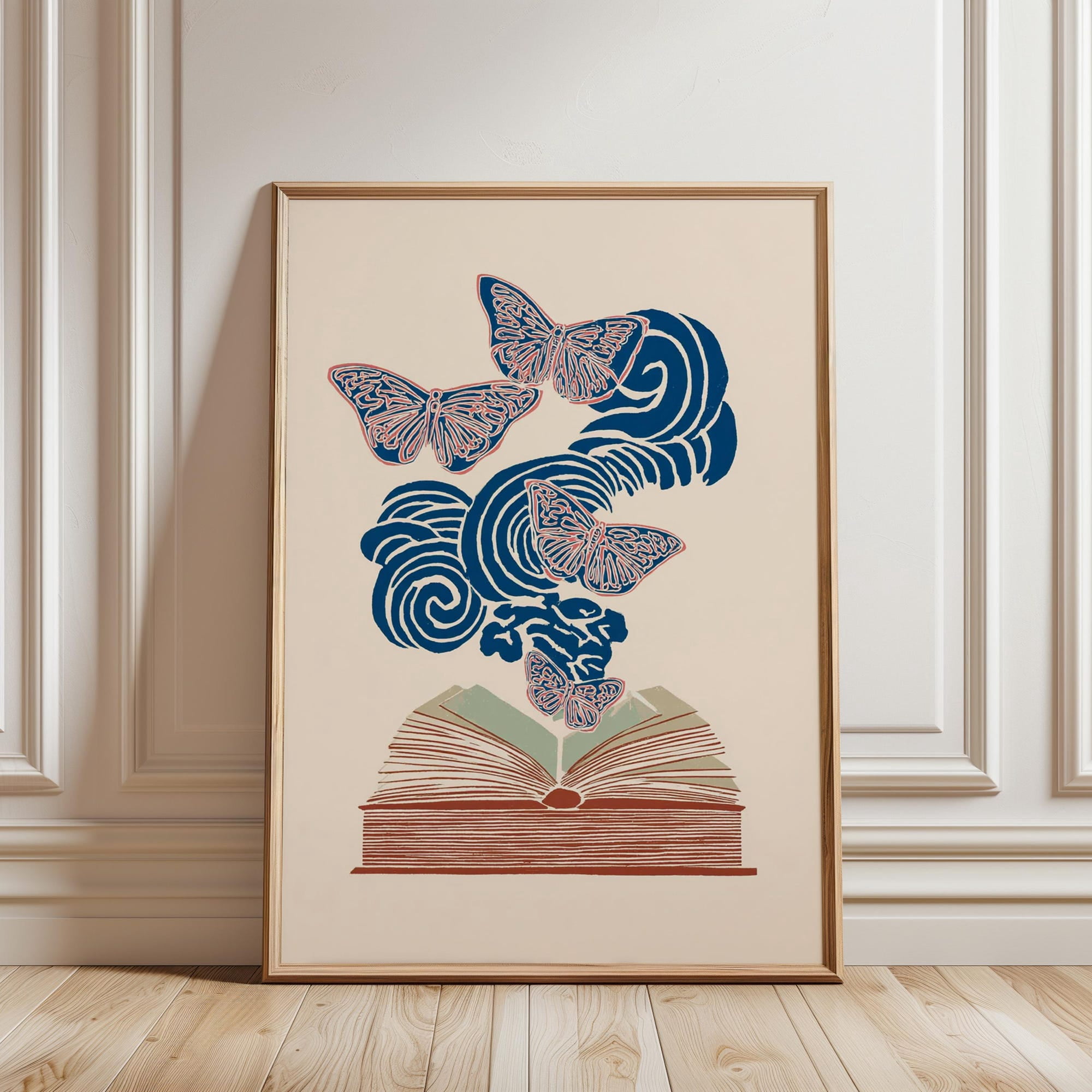 Butterfly Book Poster Blue Beige Wall Art Reading Illustration Print ...
