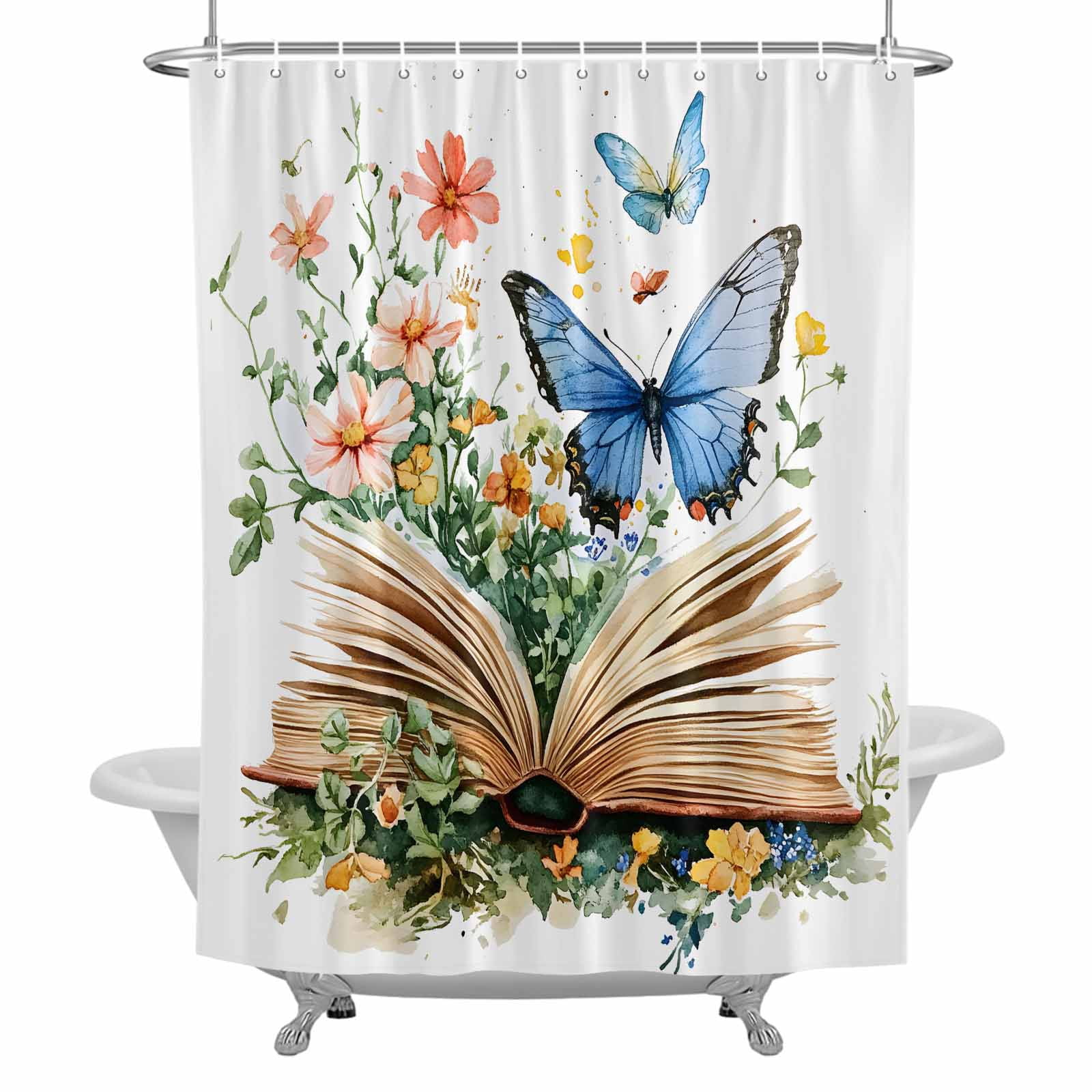 Butterfly Book Shower Curtain for Bathroom, Spring Flowers Waterproof ...