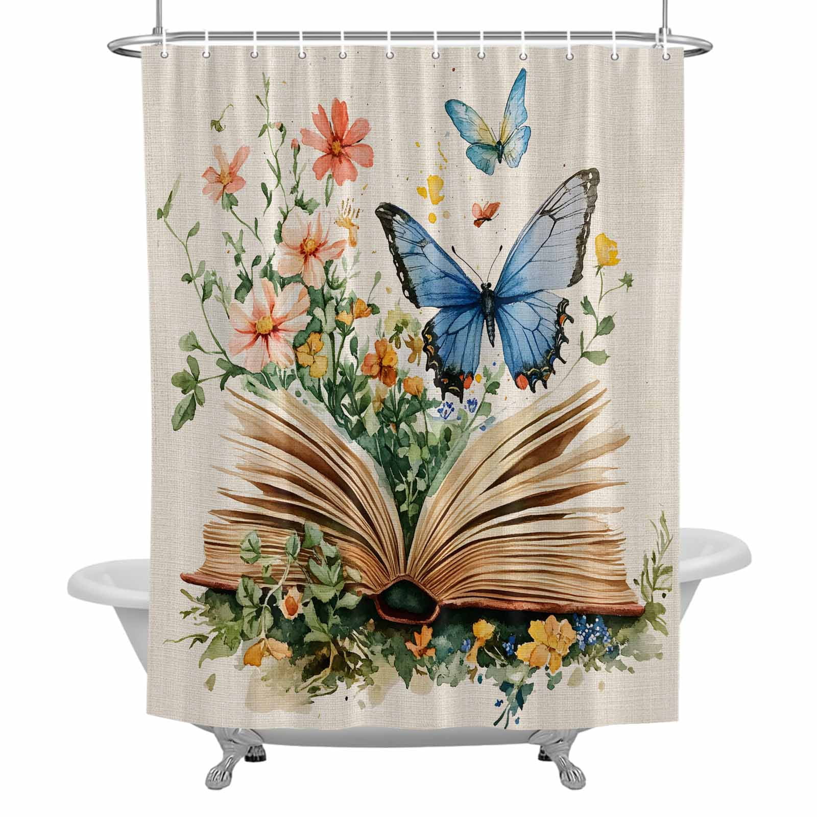Butterfly Book Shower Curtain for Bathroom, Spring Flowers Waterproof ...