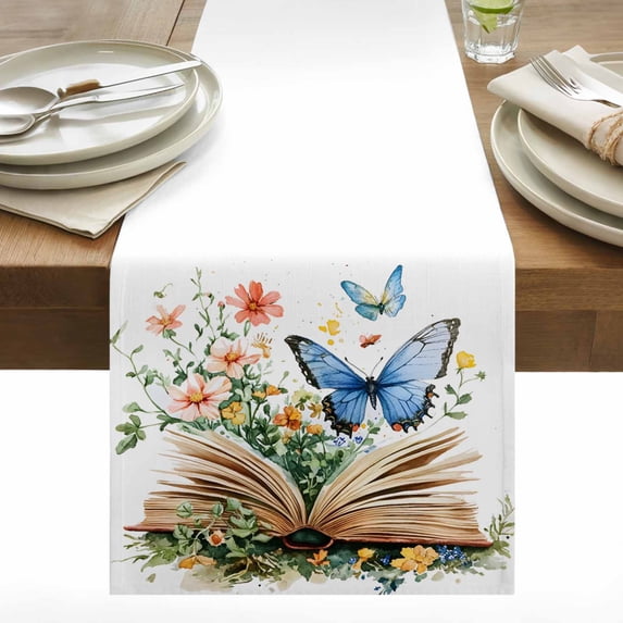 Butterfly Book Table Runner 13x60 inch Spring Flowers Cotton Linen ...