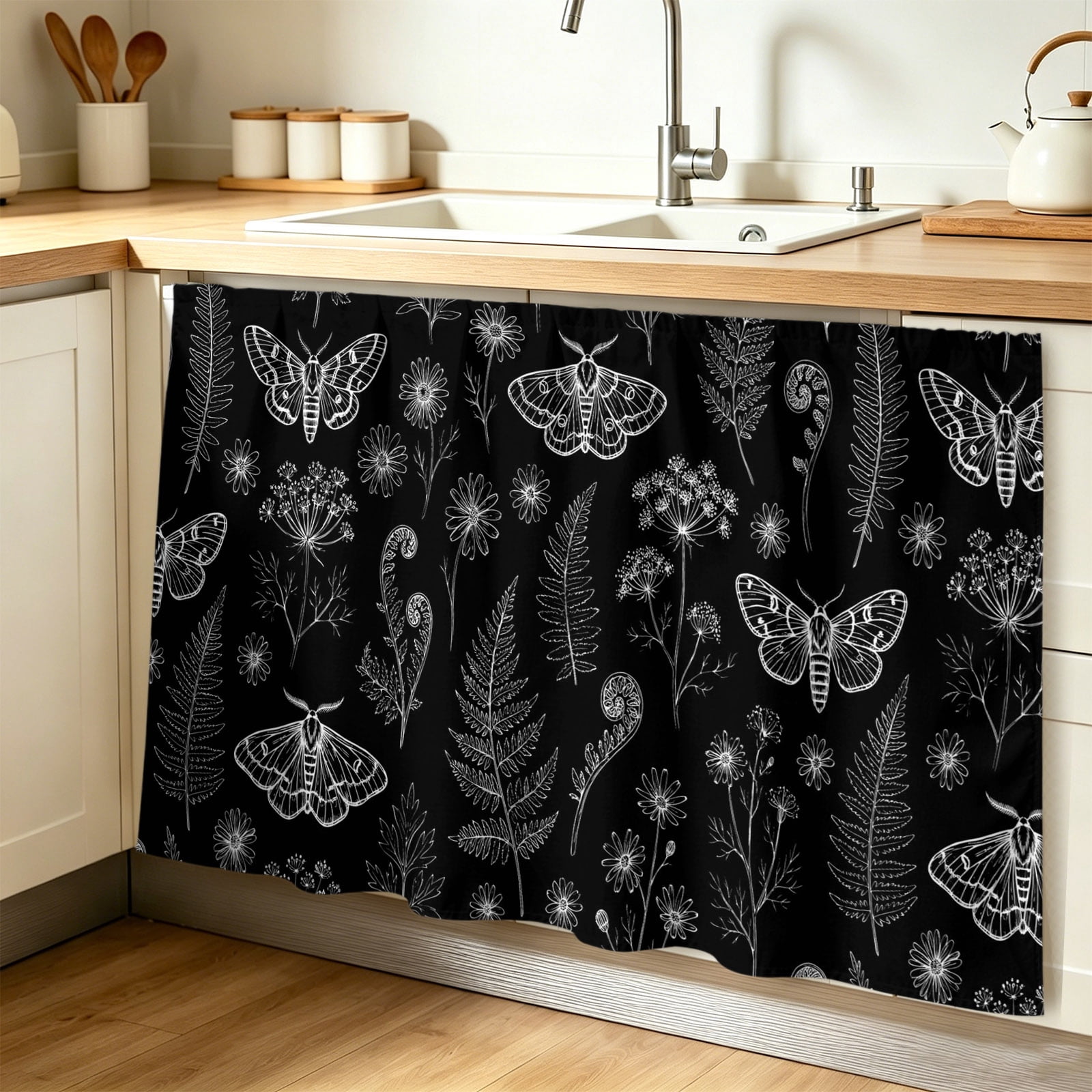Butterfly Botanical Cabinet Curtains for Shelves, Black Summer Plants ...