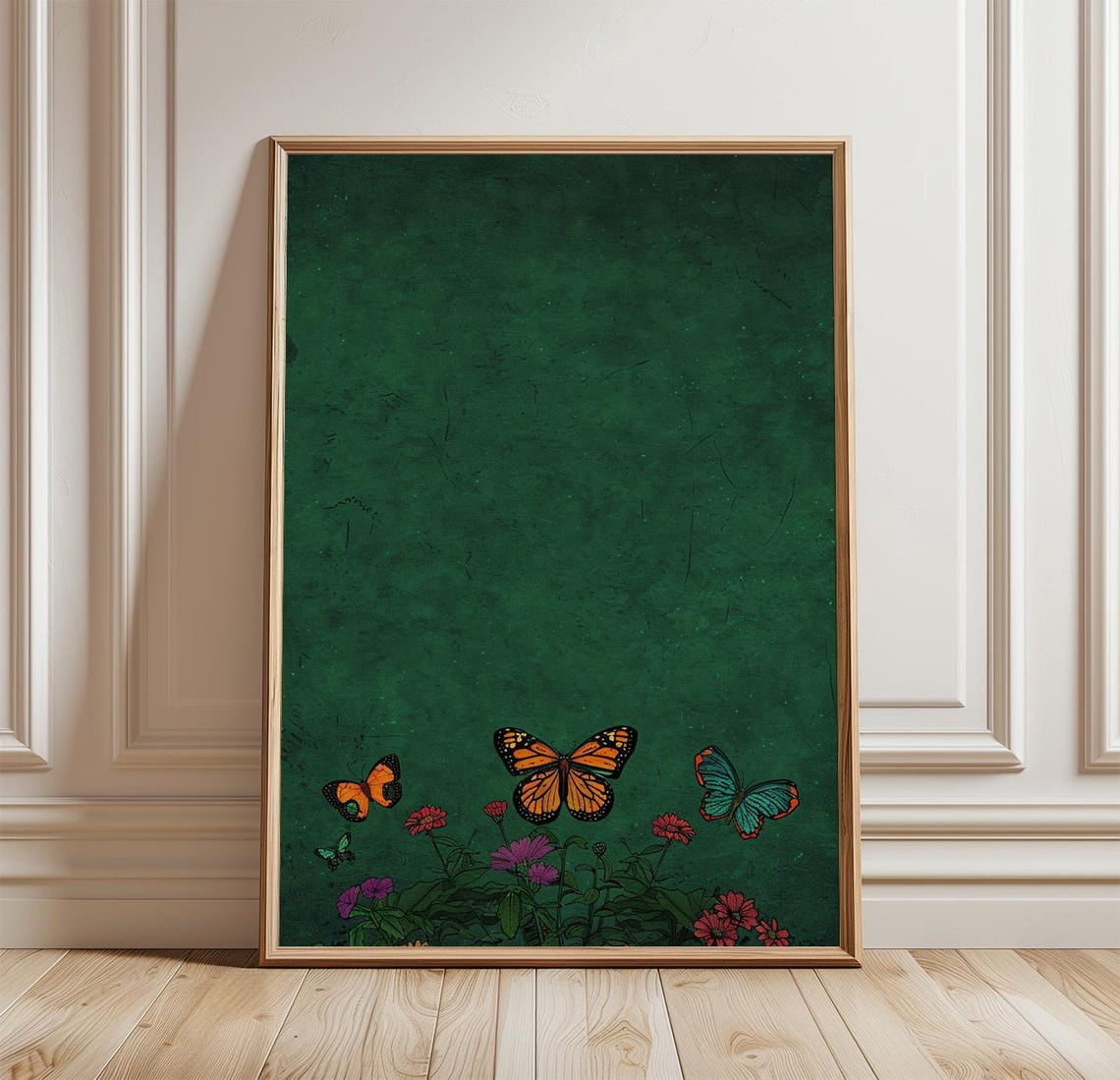 Butterfly Botanical Dark Green Nature Wall Art Moody Floral Home Decor ...