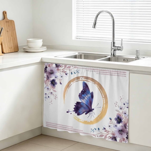 Butterfly Cabinet Curtains 28" W x 35" L, Watercolor Purple Butterfly ...