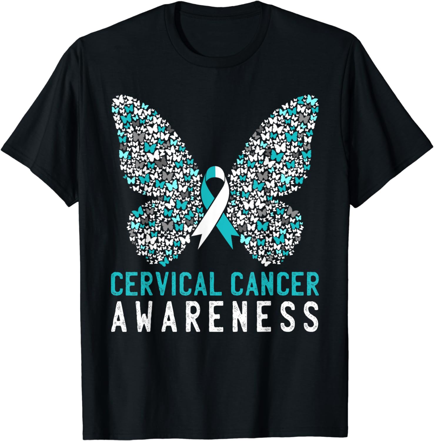 Butterfly Cervical Cancer Awareness Month White Teal Ribbon T-Shirt ...
