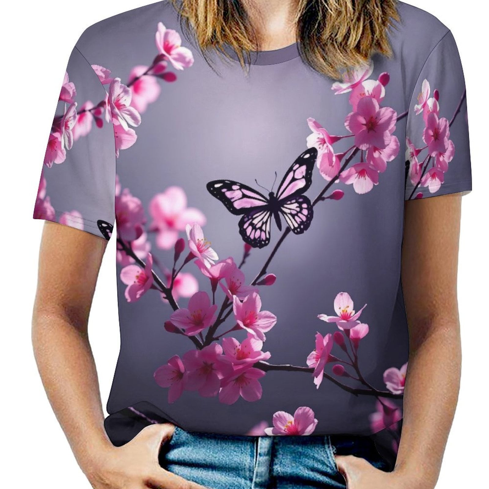 Butterfly Cherry Blossom Beauty T Shirt O Neck Overd T Shirts Short Sleeve Street Style Tees ...