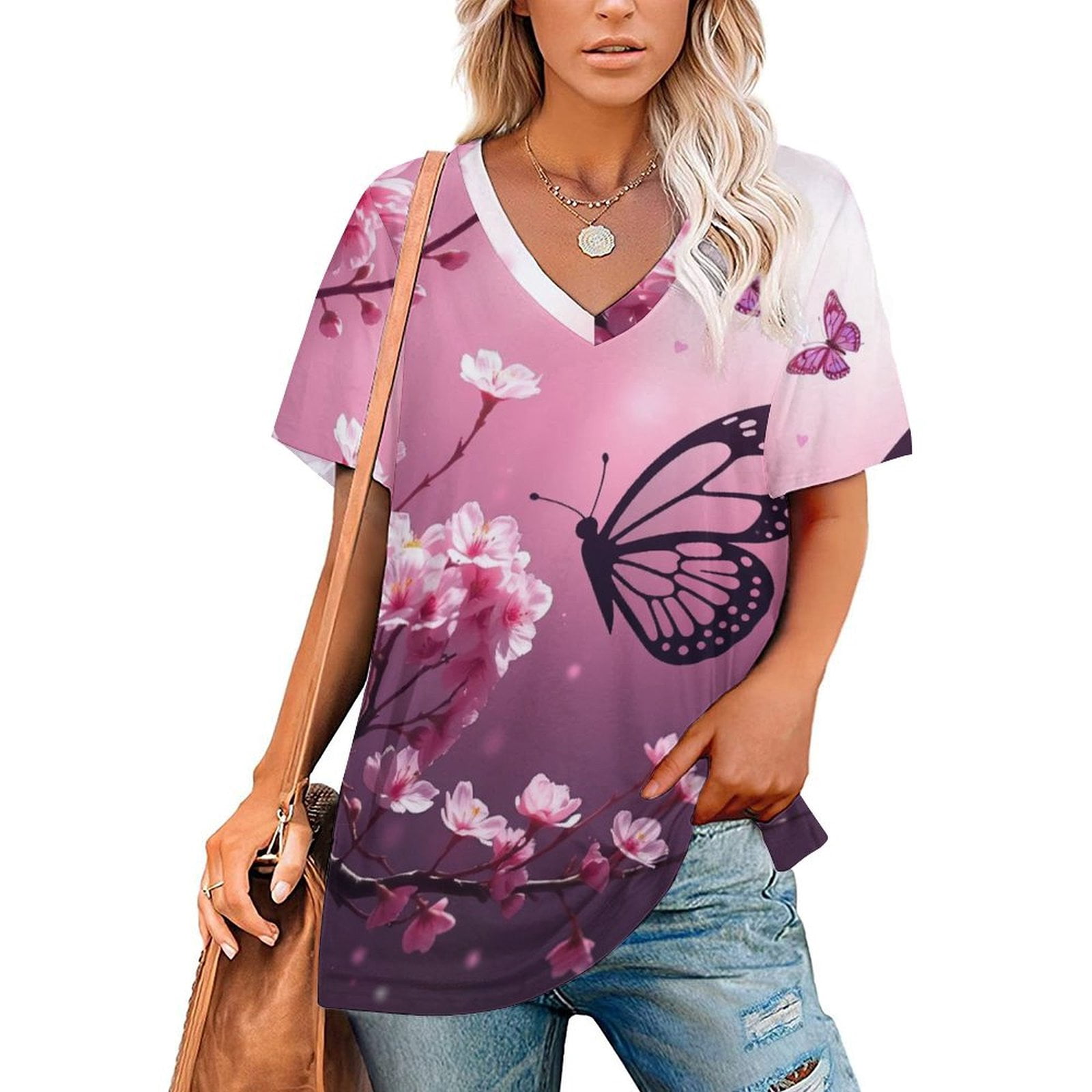 Butterfly Cherry Blossom Beauty T Shirts V Neck Short-Sleeve Printed ...