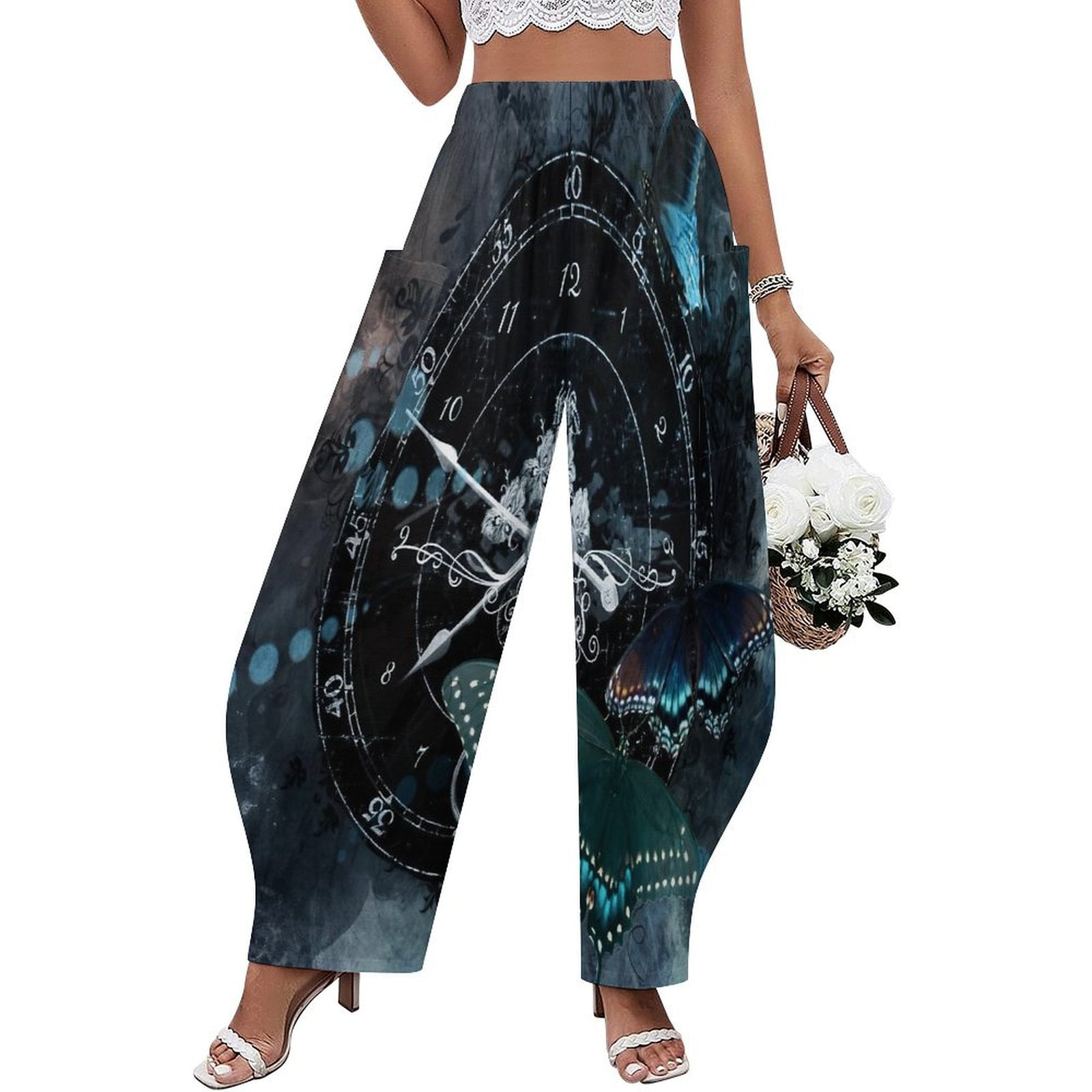 Butterfly Clock Womens Casual Baggy with Pockets Trousers Loose Leg ...