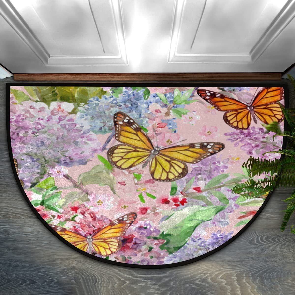 Butterfly Colorful Flowers Half Round Door Mat Half Circle Area Rug ...