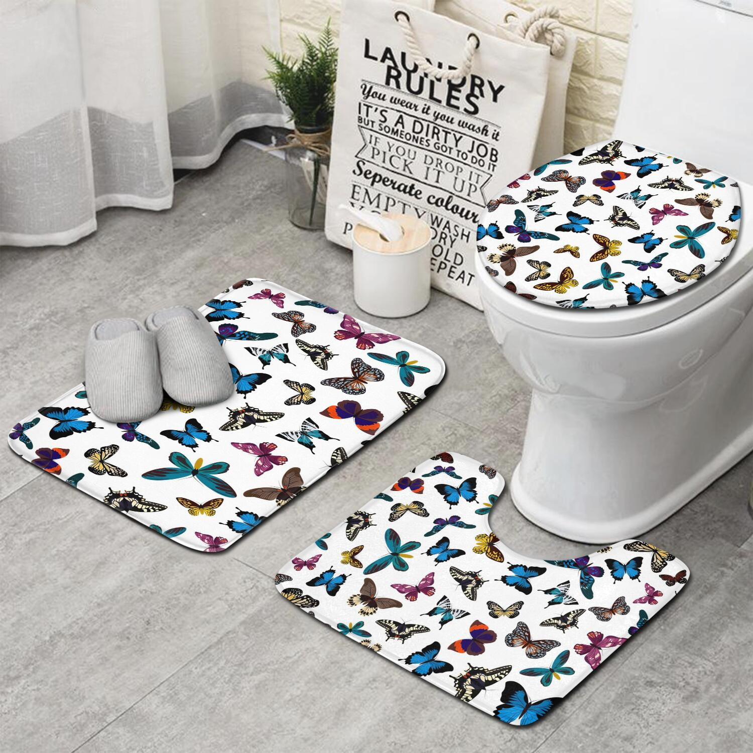 Butterfly Colorful Wing Pattern Bathroom Rugs Sets 3 Piece,Toilet Cover ...