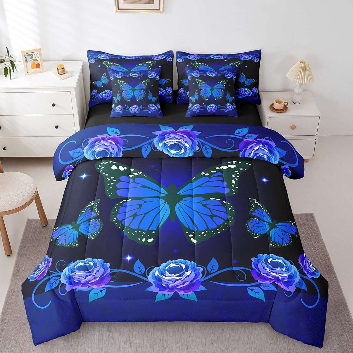 Butterfly Comforter Set 7 Piece Bed in a Bag Twin Blue Rose Sheet Set ...