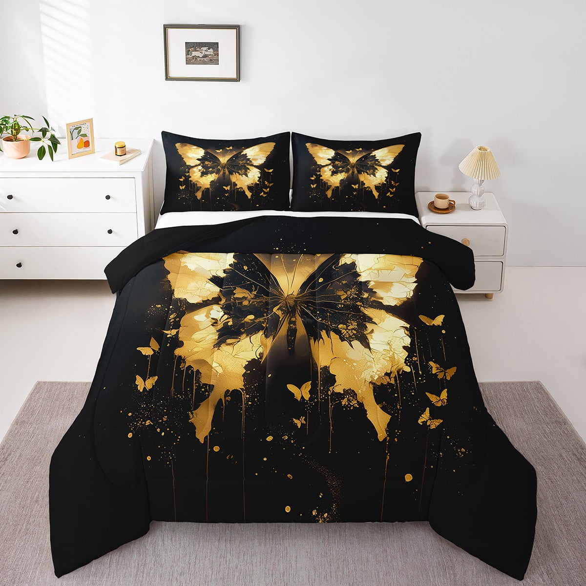 Butterfly Comforter Set King Size Golden Butterfly Print Bedding Sets ...