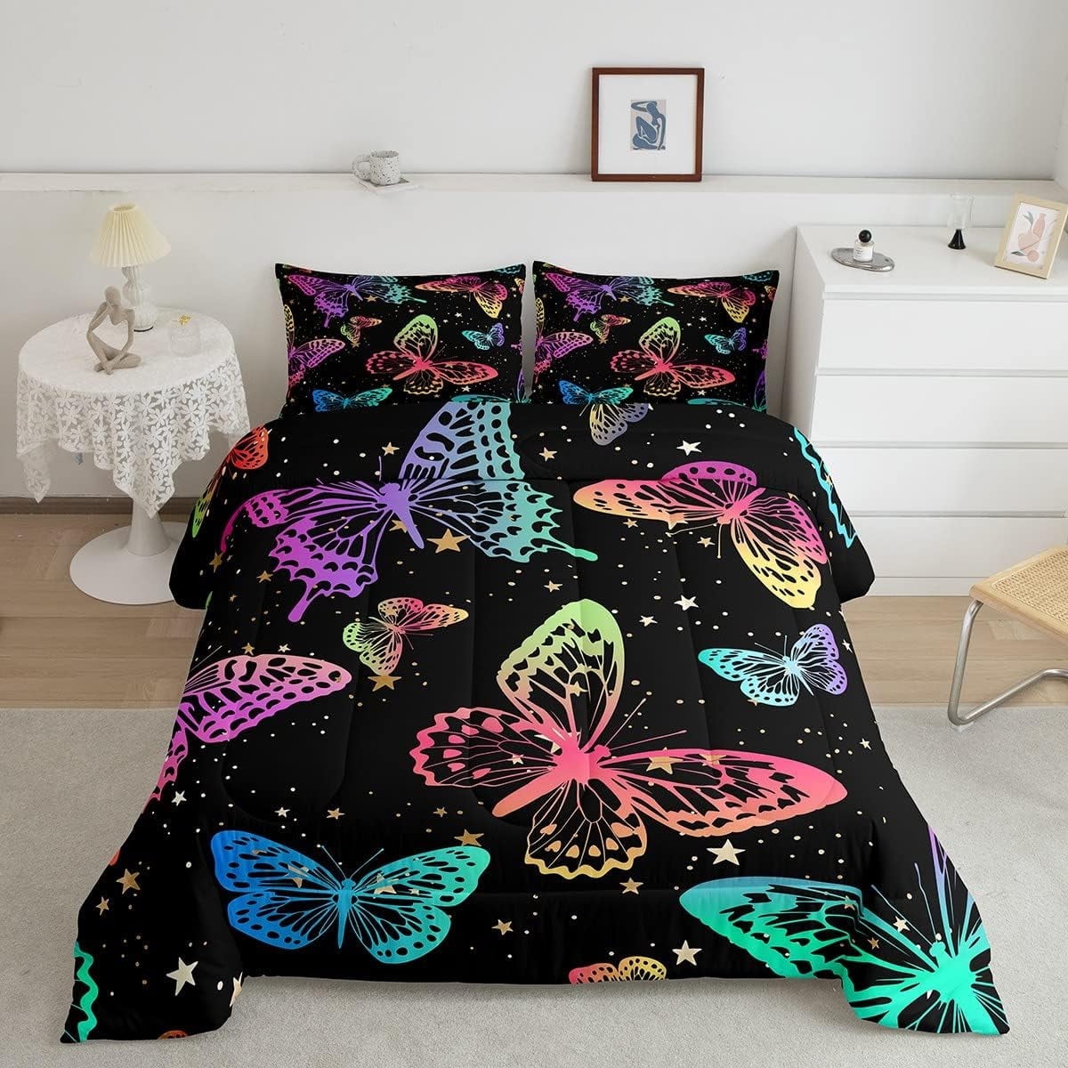 Butterfly Comforter Set Queen Starry Sky Galaxy Colorful Ombre ...
