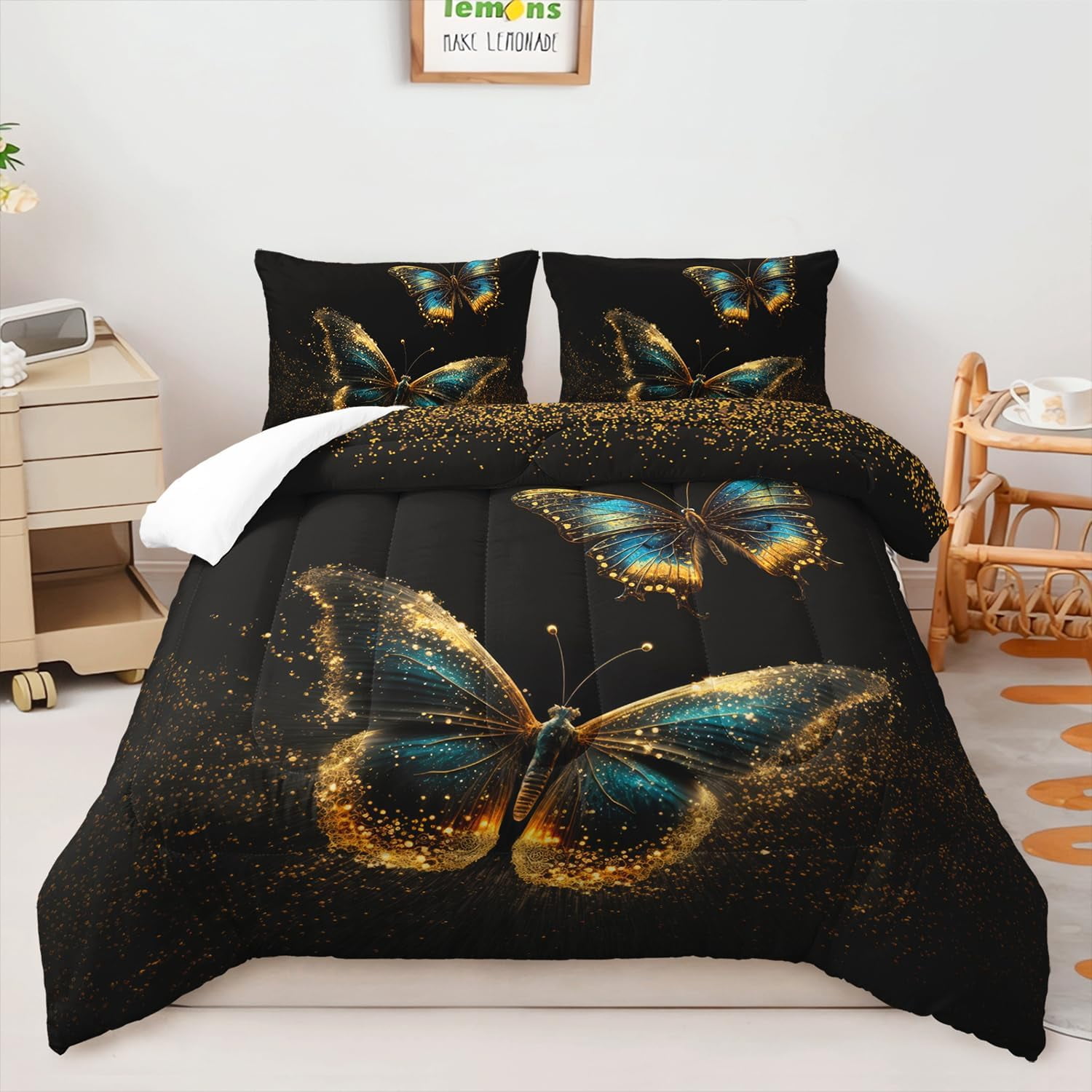 Butterfly Comforter Set Size Starry Blue Rose Print Bedding Set ...