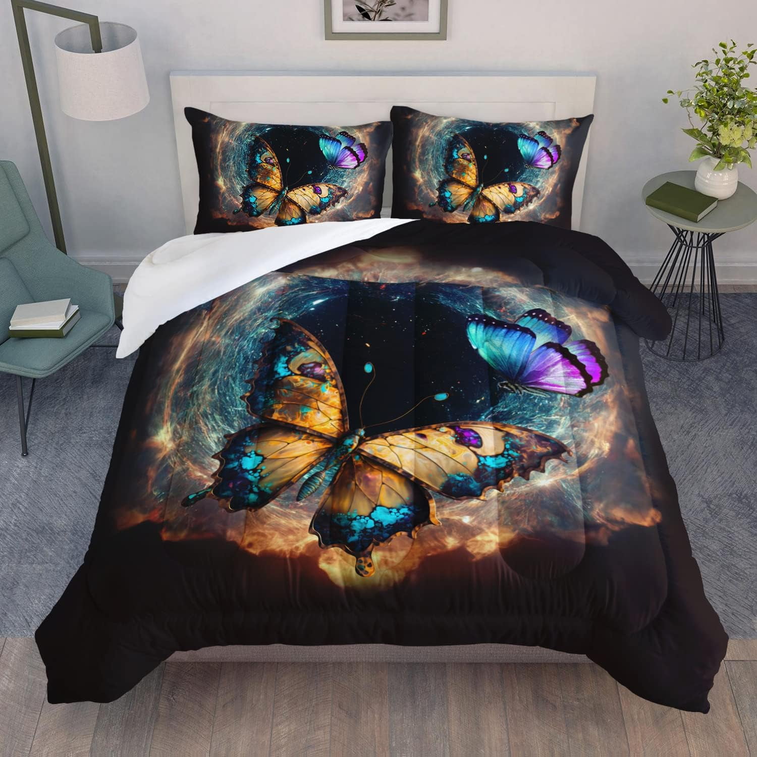 Butterfly Comforter Set Size Starry Blue Rose Print Bedding Set ...