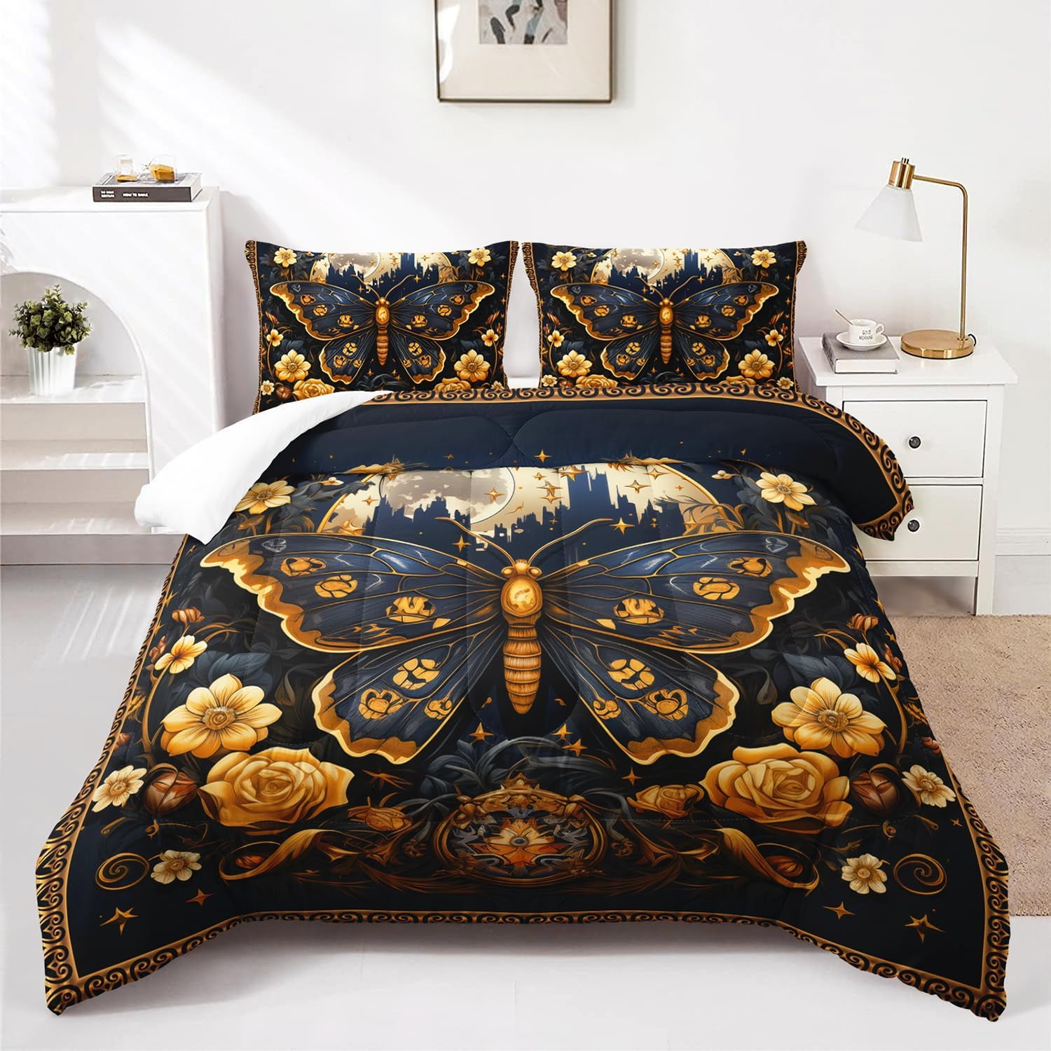 Butterfly Comforter Set Size Starry Blue Rose Print Bedding Set ...