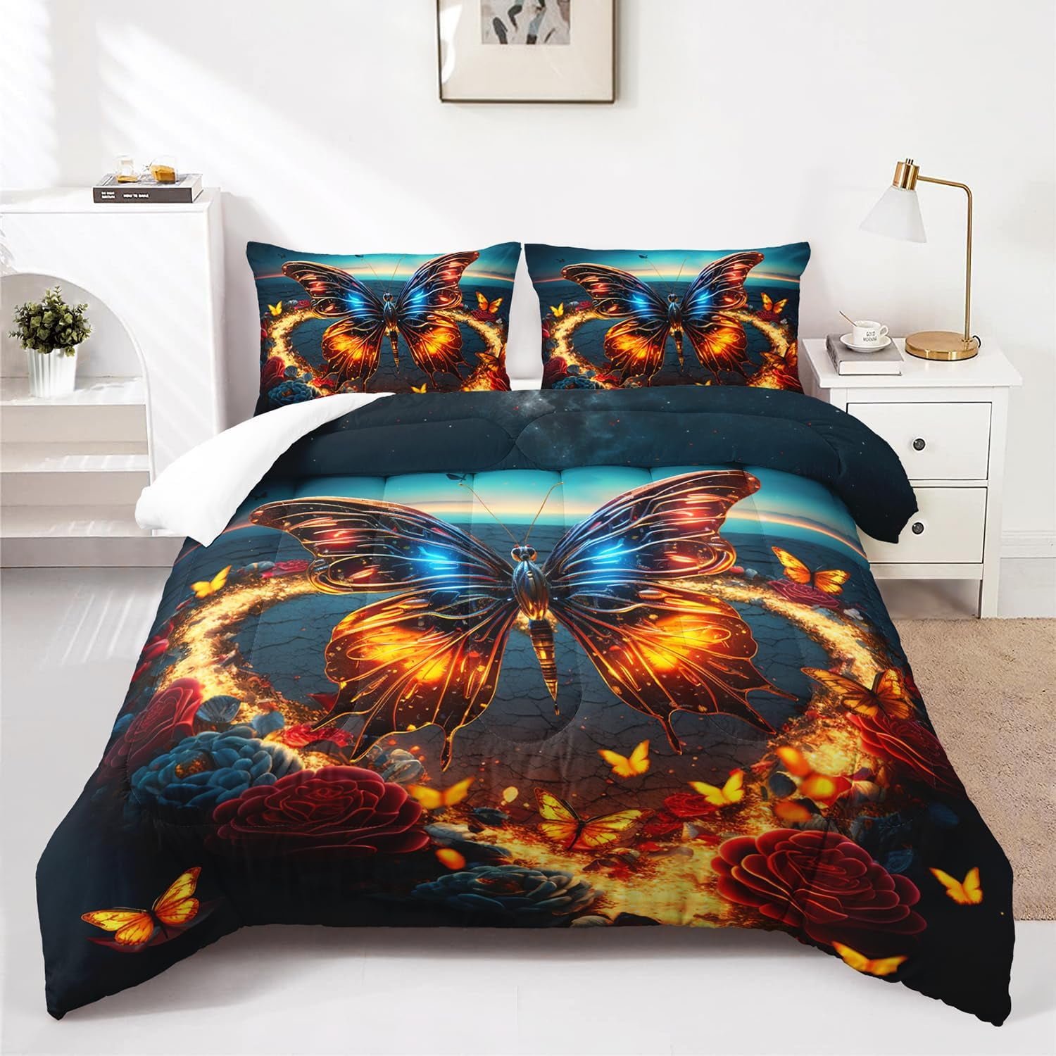 Butterfly Comforter Set Size Starry Blue Rose Print Bedding Set ...