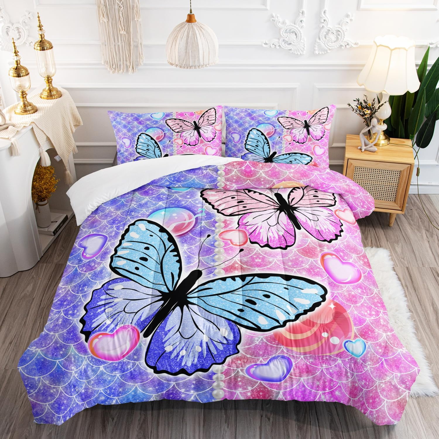 Butterfly Comforter Set Size Starry Blue Rose Print Bedding Set ...