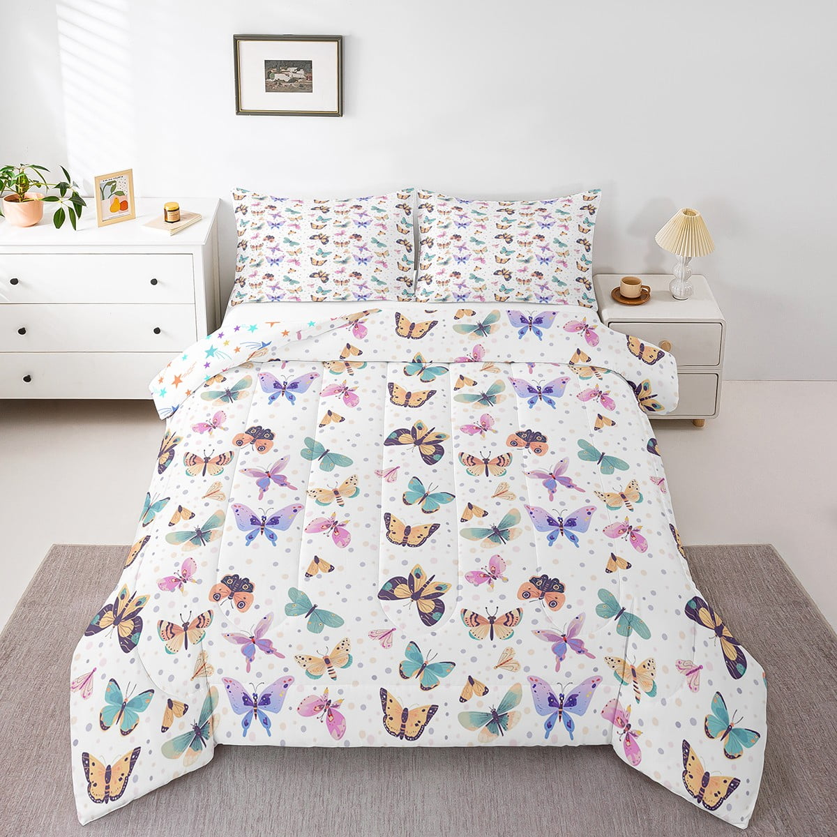 Butterfly Comforter Set Coloful Polka Dots Bedding Rustic Farmstyle ...
