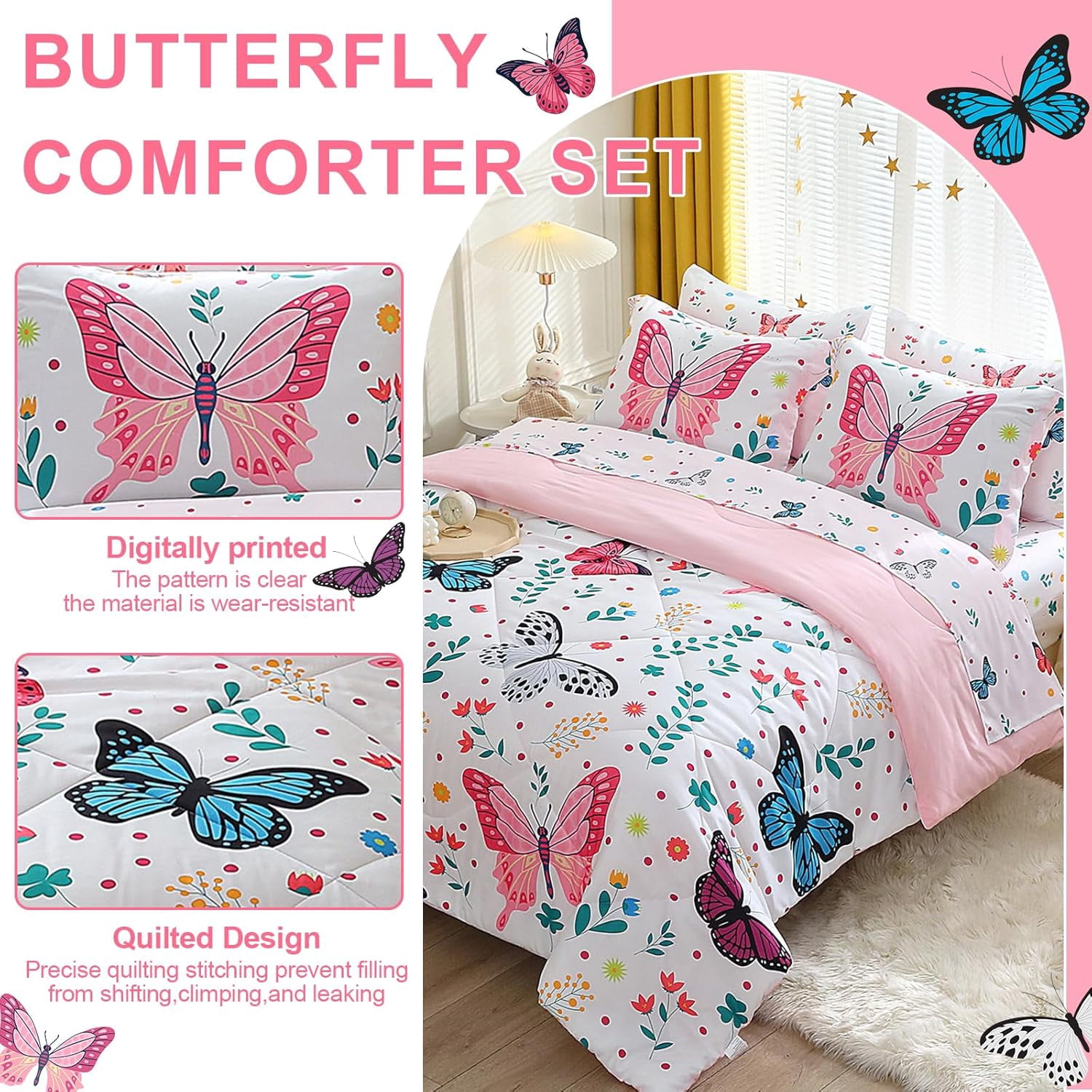 Butterfly Comforter Set Twin Size for Girls Kids Teens 7 Piece Bed in A ...