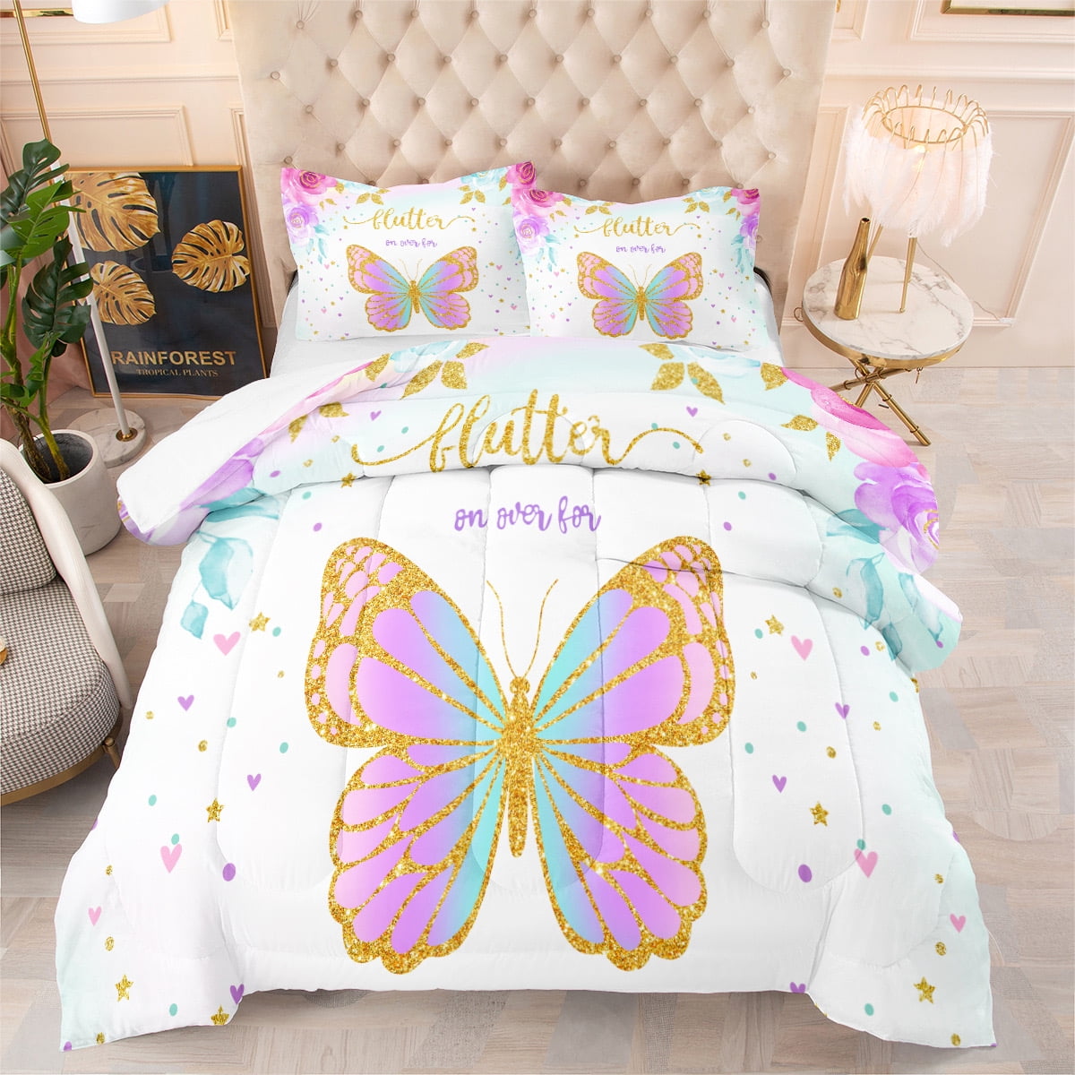 Butterfly Comforter Set Twin Size for Girls Kids Teens Blue Purple ...