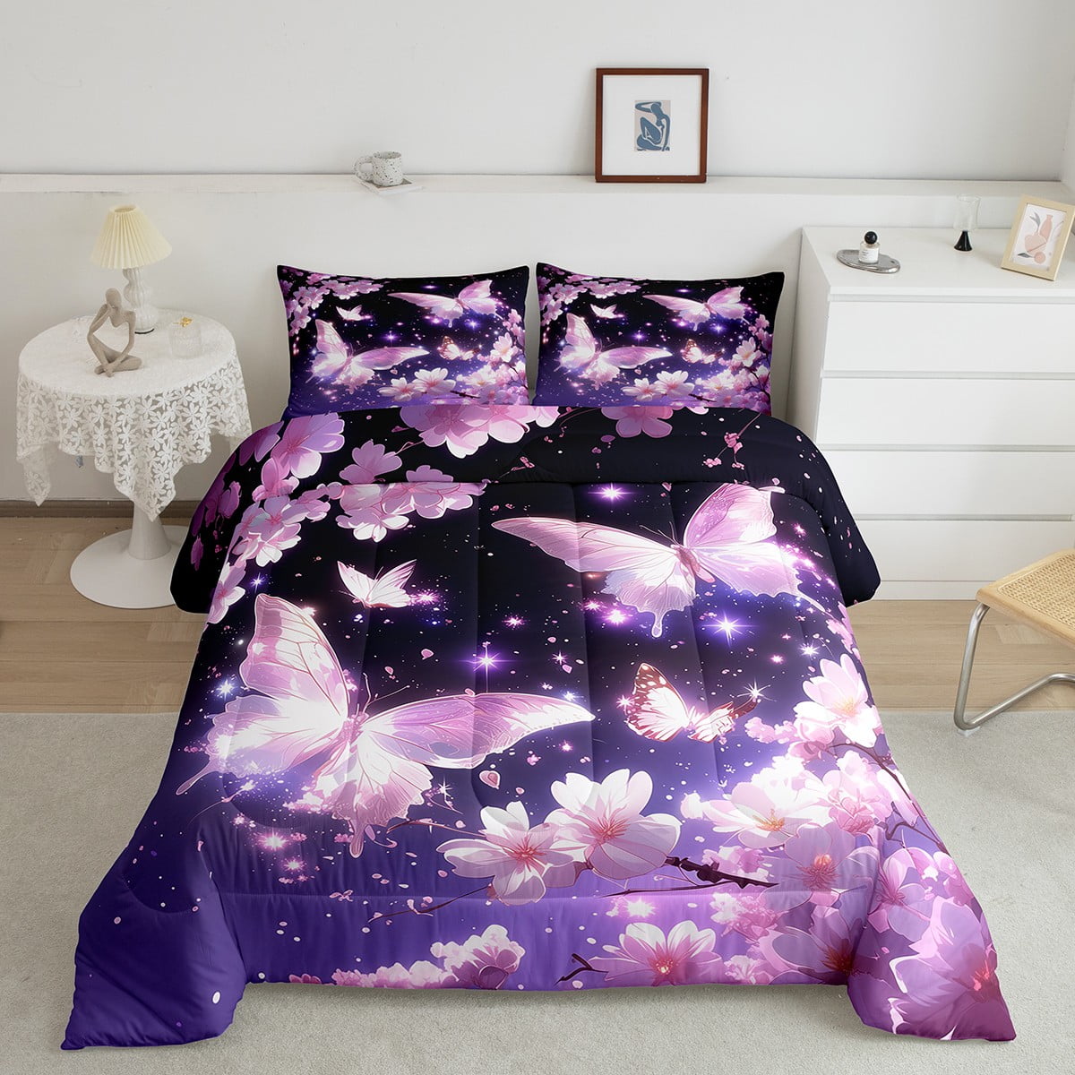 Butterfly Comforter Set Cherry Blossom Flowers King Bedding Set,Dreamy ...