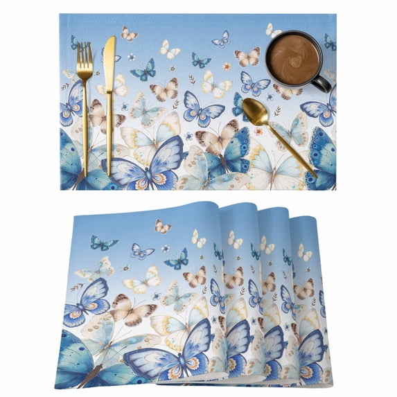 Butterfly Cotton Linen Placemats Set of 4, Abstract Blue Gold Animal ...