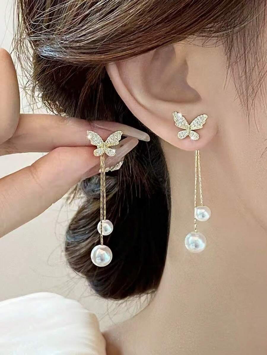 Butterfly Crystal Butterfly Dangle Earrings With Pearl Tassels, Elegant ...