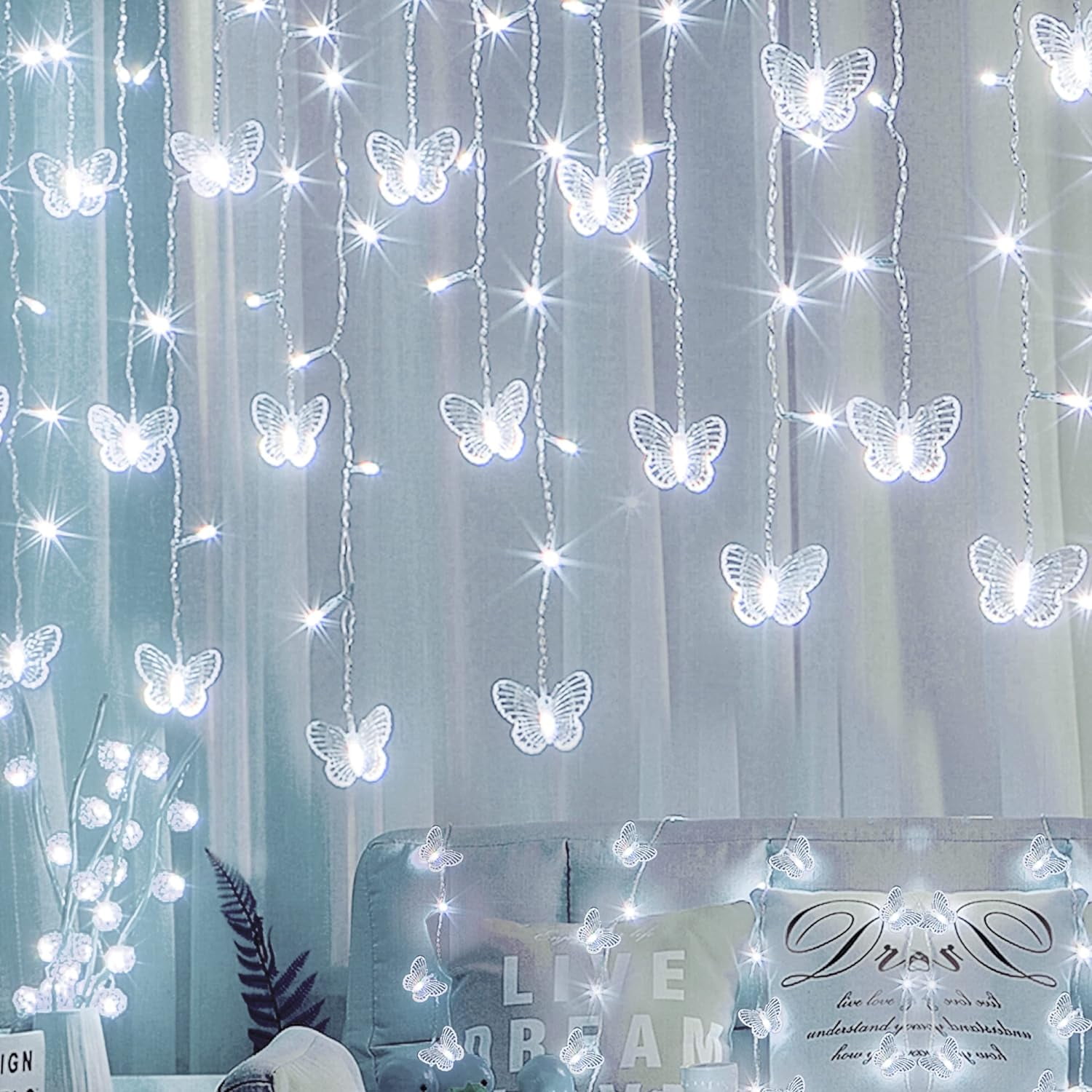 Butterfly Curtain Fairy Lights USB Plug in,120 LED 8 Modes 20FT Firefly ...
