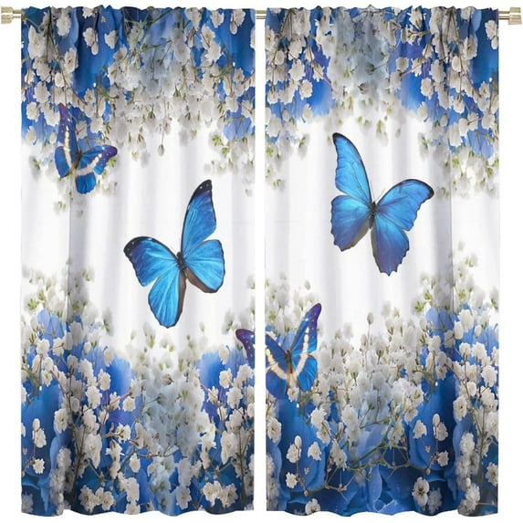 Butterfly Curtains Beautiful Romantic Blue Butterfly White Flowers Rod ...