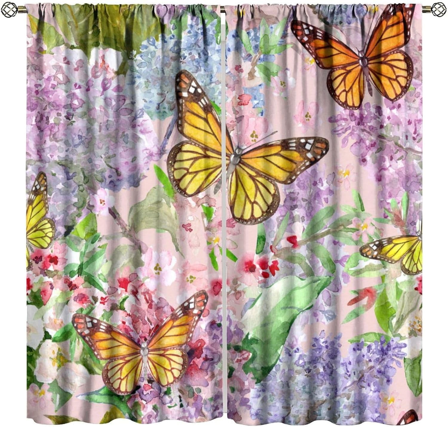 Butterfly Curtains Spring Plant Flowers Yellow Butterflies Watercolor ...