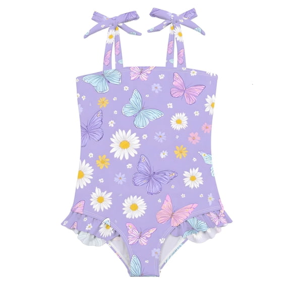 Butterfly Daisy Pattern Girls' One-Piece Swimsuit Bowknot Tie Shoulder ...