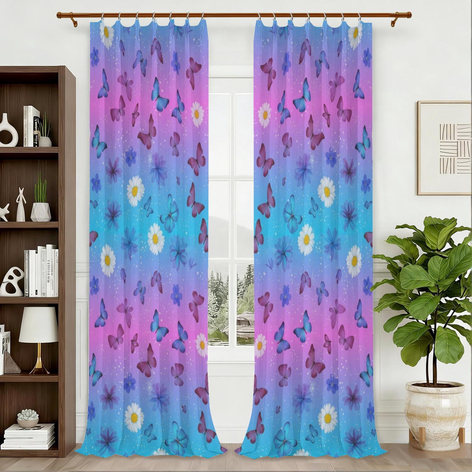 Butterfly and Daisy Purple Pattern Pinch Pleat Semi Sheer Linen ...