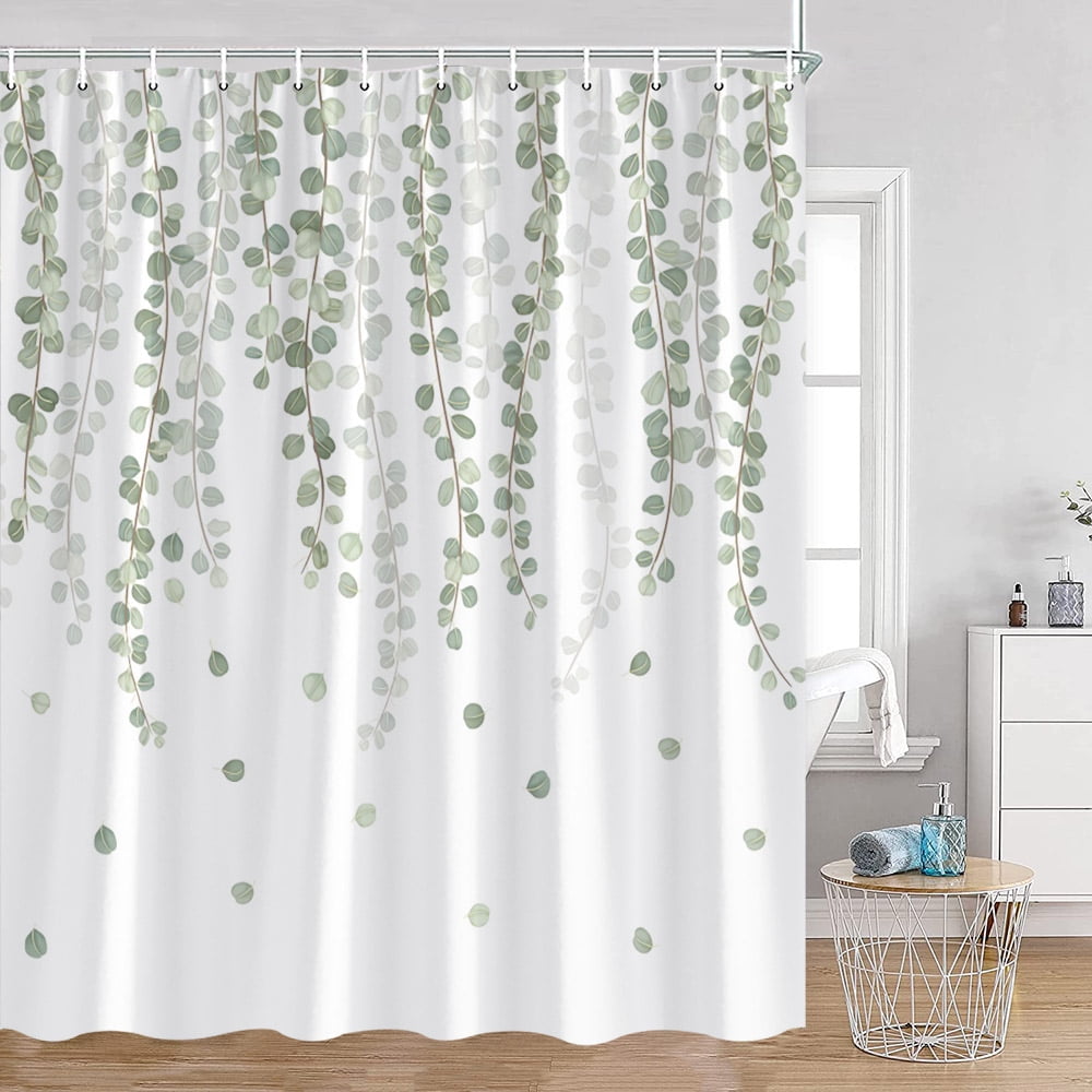 Butterfly Daisy Shower Curtain Watercolour Eucalyptus Leaves White Blue Floral Plants Modern ...