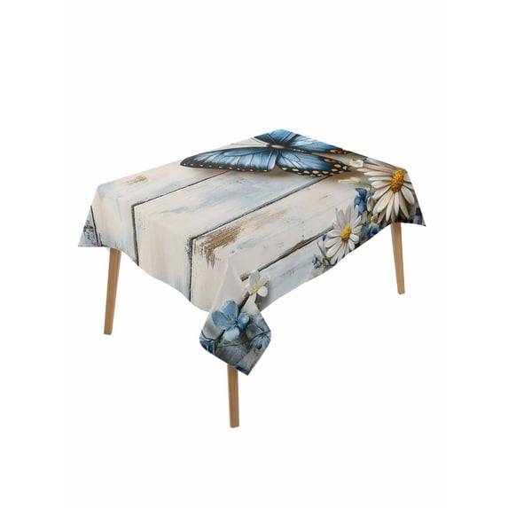 Butterfly Daisy Table Cloth, Retro Spring Floral Flower Wooden Grain ...