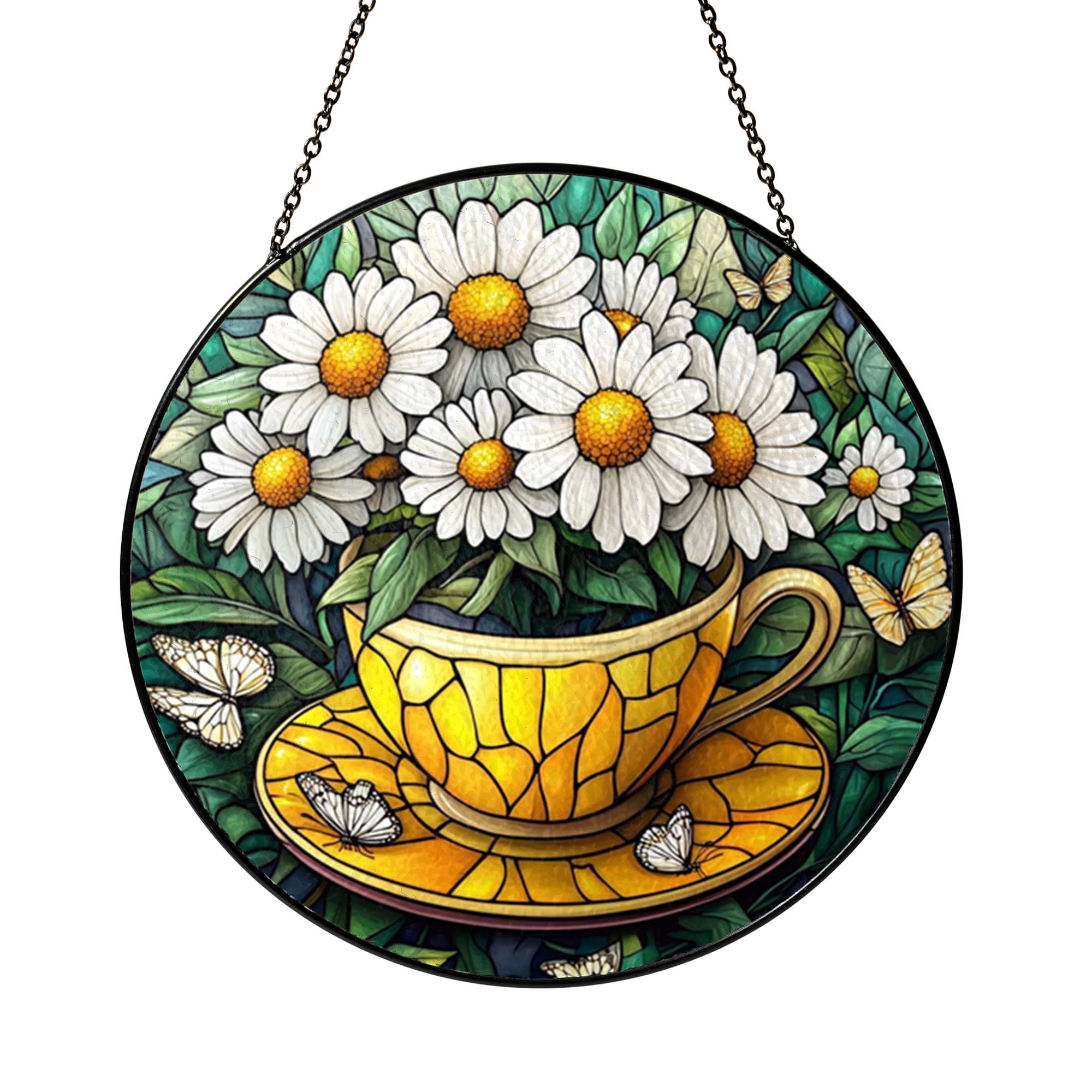 Butterfly Daisy Teacup Glass Suncatcher Window Decor, Stained Glass ...