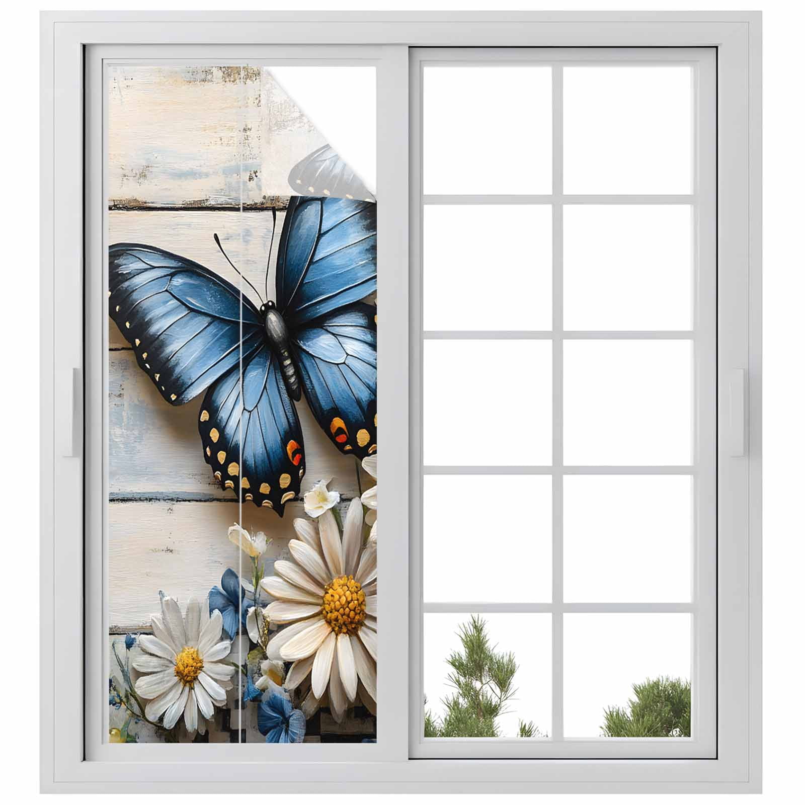 Butterfly Daisy Window Privacy Film, Retro Spring Floral Flower Wooden ...