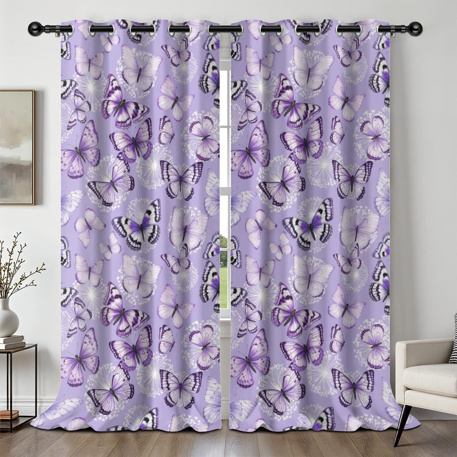 Butterfly and Dandelion Purple Pattern Blackout Curtains,Triple Weaved ...