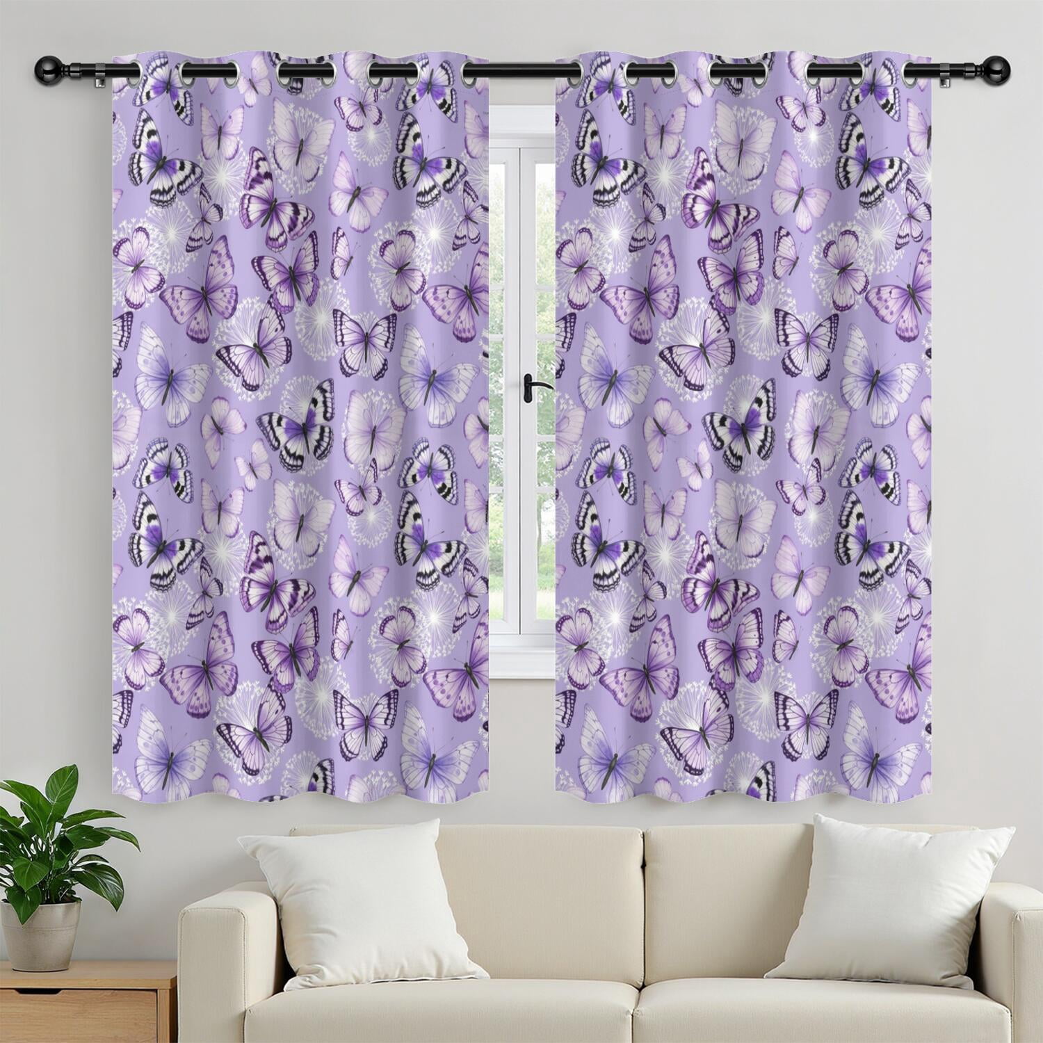 Butterfly and Dandelion Purple Pattern Blackout Curtains,Triple Weaved ...
