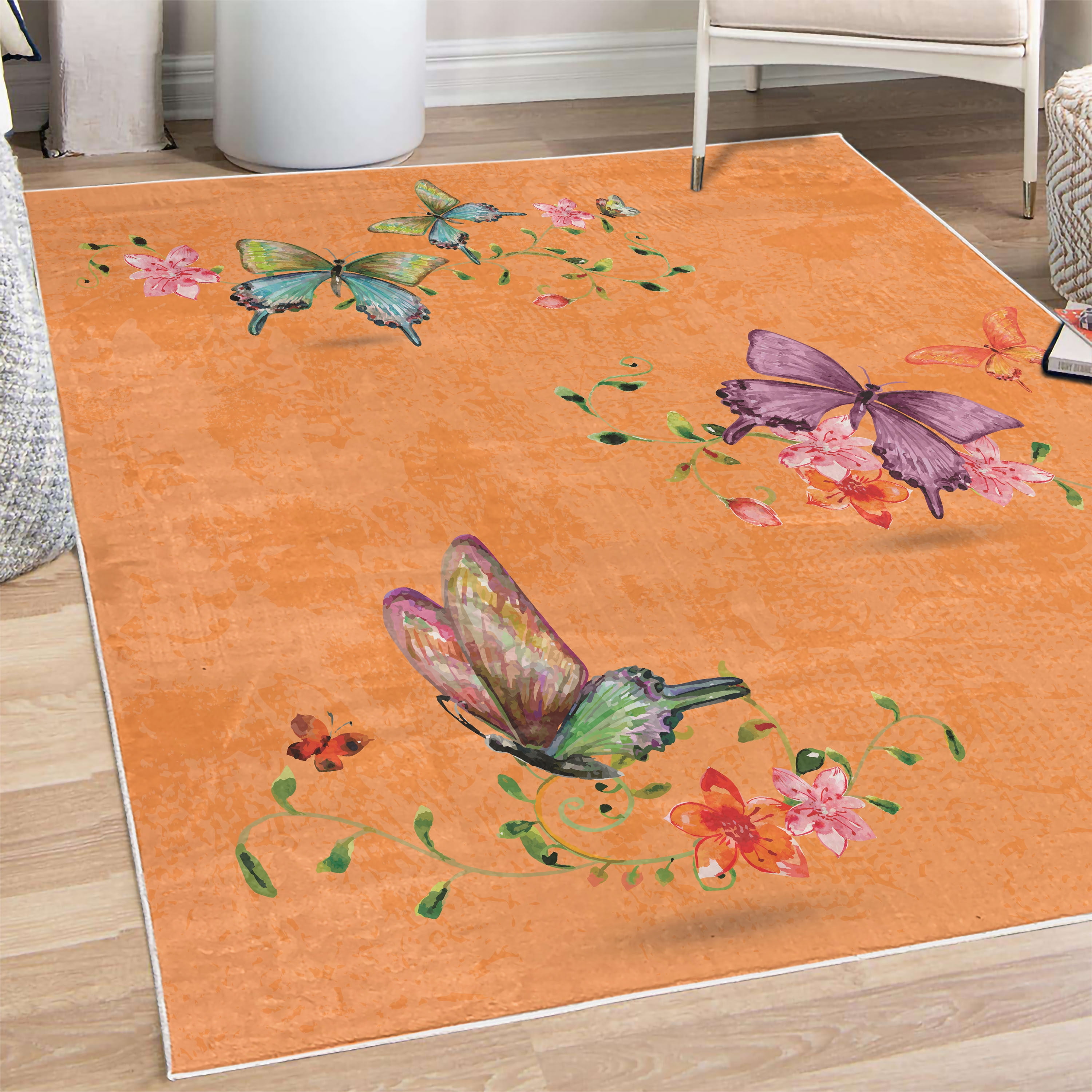 Butterfly Decorative Rug, Springtime Flying Moths on Vintage Style ...